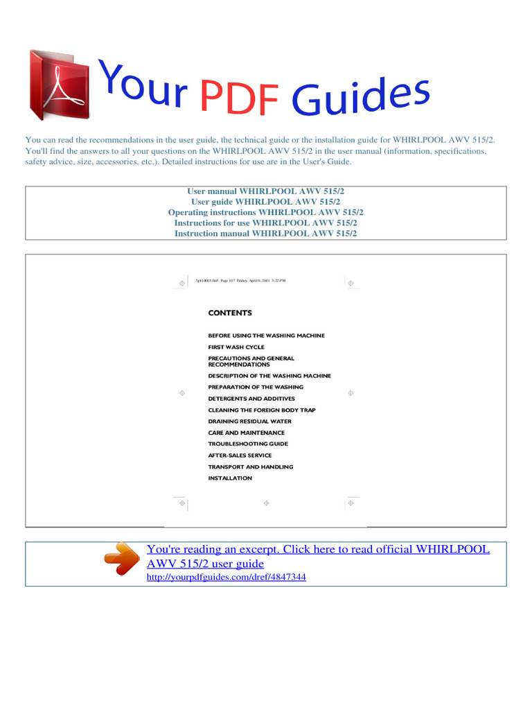 user-manual-WHIRLPOOL-AWV 515 - 2-E | Download Free PDF | Ac Power Plugs And Sockets | Washing ...