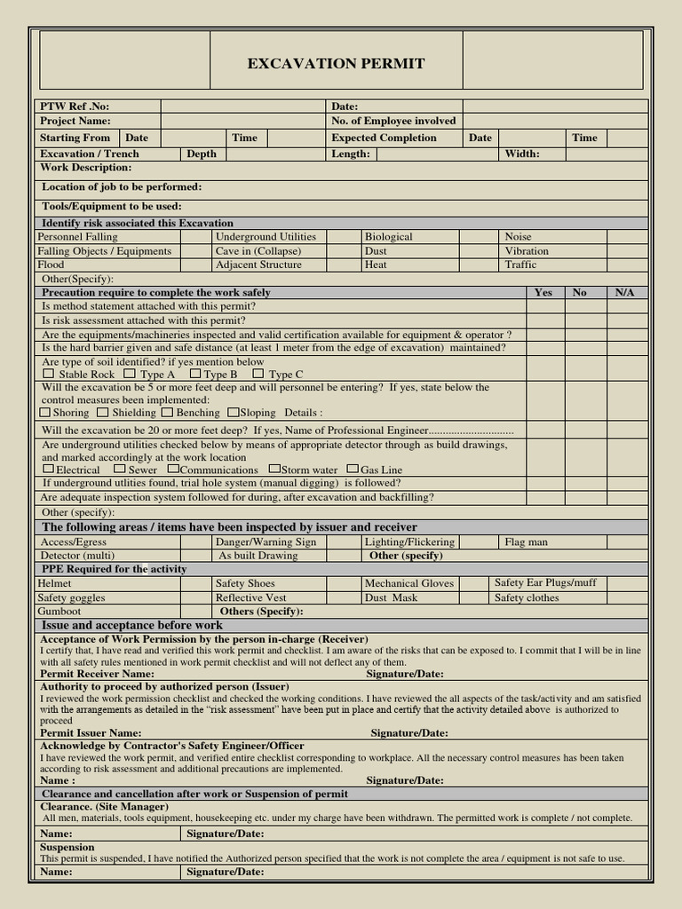 Excavation Work Permit | PDF | Trench | Safety