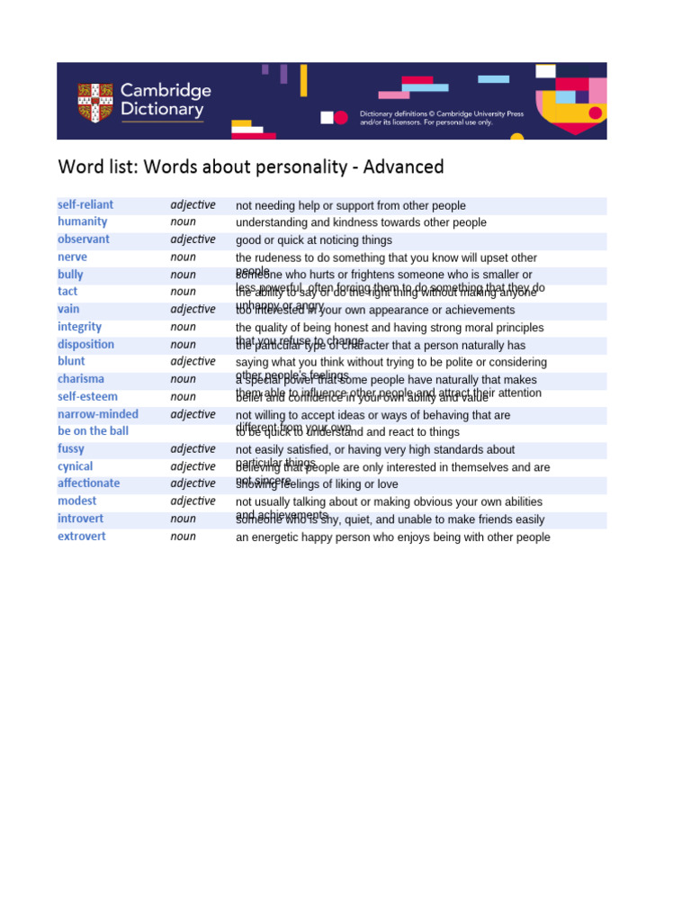 Words About Personality - Advanced | PDF | Adjective | Semantic Units