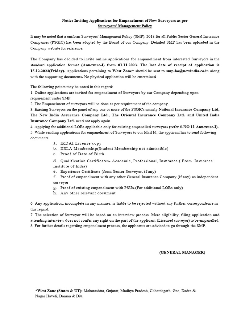 Notice Inviting Applications For Empanelment of Surveyors | PDF Notice Inviting Applications For Empanelment of Surveyors | PDF