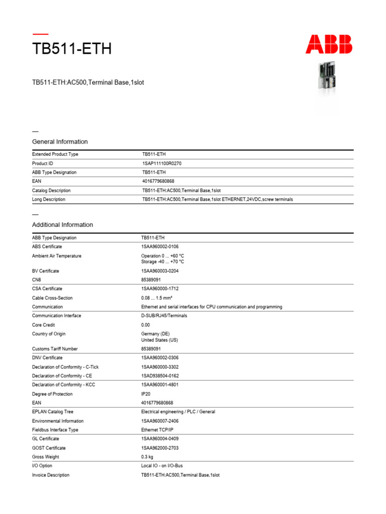 1SAP111100R0270 tb511 Ethac500 Terminal Base 1slot | PDF | Programmable Logic Controller ...