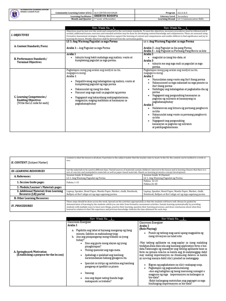 WLL For November 2nd Week | PDF