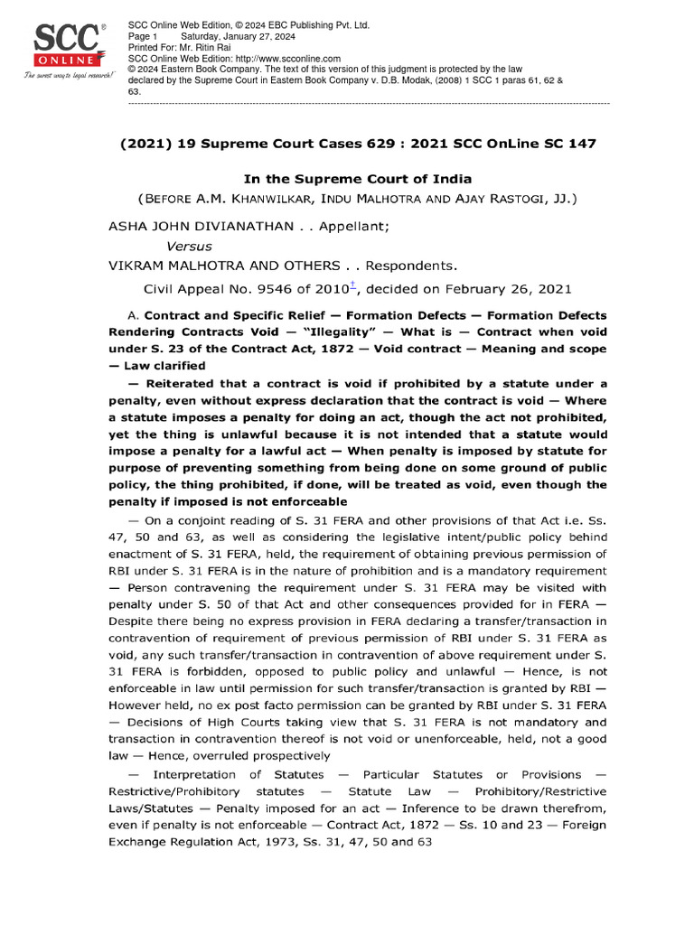 Asha John Divianathan v. Vikram Malhotra, (2021) 19 SCC 629 | PDF