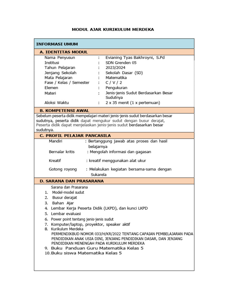 Modul Ajar MTK Jenis Sudut | PDF