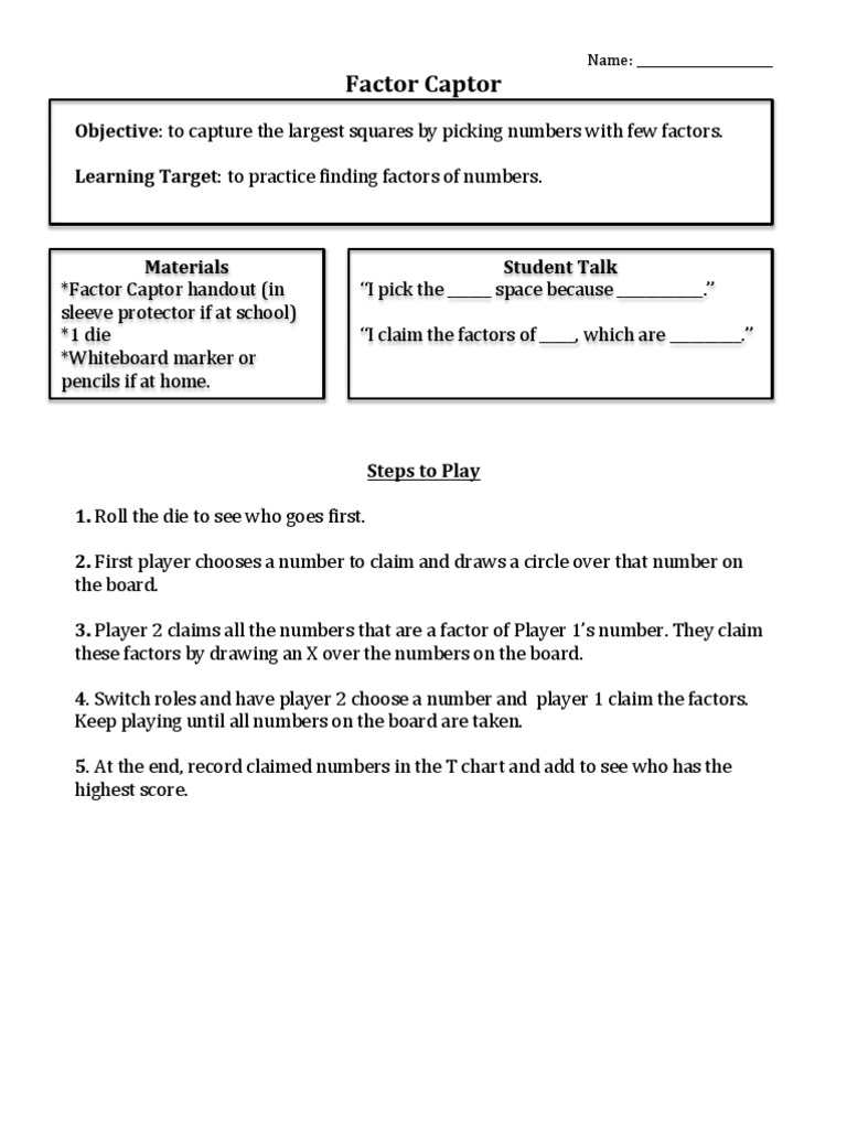 Factor Game for Students | PDF | Teaching Methods & Materials