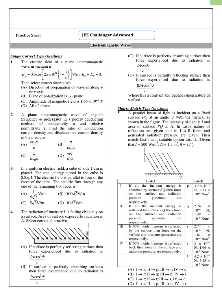 Electromagnetic Waves - Practice Sheet | PDF | Waves | Electromagnetic Radiation