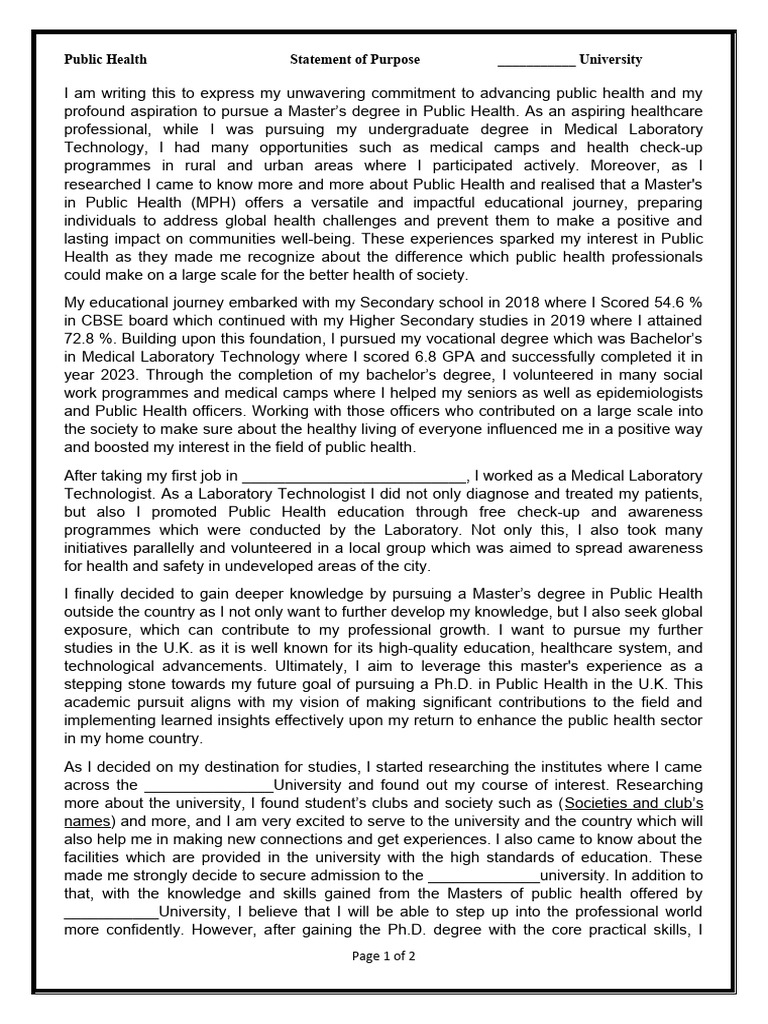 Public Health Statement of Purpose - University | PDF | Public Health ...