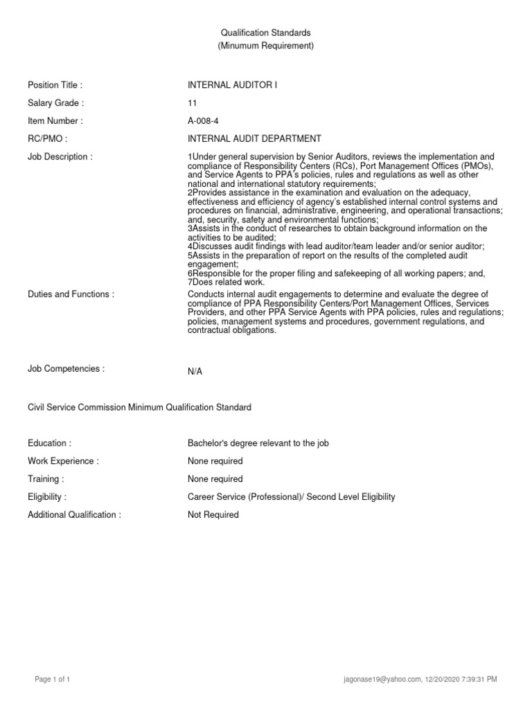 Internal Auditor I Job Qualifications | PDF | Audit | Internal Audit