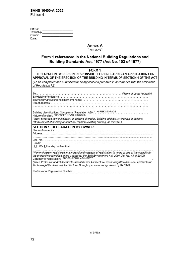 SANS10400-A FORM 1 (2022-2) - Blank | PDF | Architect