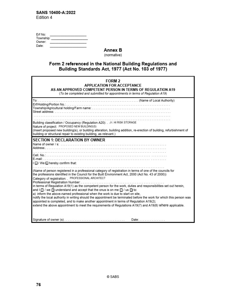 SANS 10400 Form 2 Application Guide | PDF | Sanitation