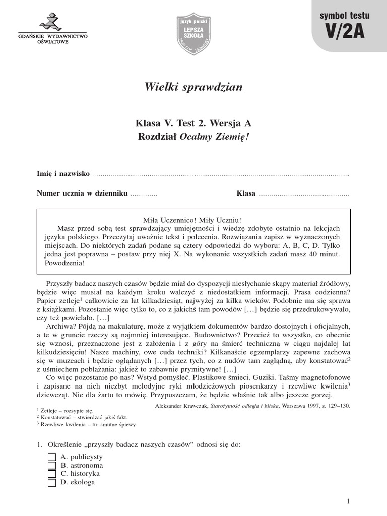 Kl V Test Po Dziale 2 Arkusz A I Bv 2 Pdf