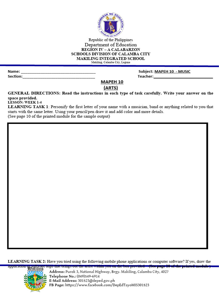 Quarter 2 - Task Sheet - Mapeh 10 - Week 3 4 | PDF | Application ...