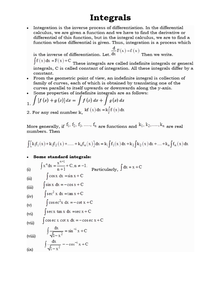 Chapter 7 Mathematics - Class 12 - Formula - Sheet | PDF | Integral ...