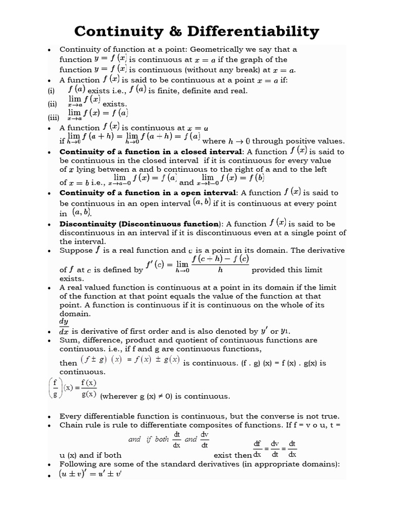 Chapter 5 Mathematics - Class 12 - Formula - Sheet | PDF | Teaching ...