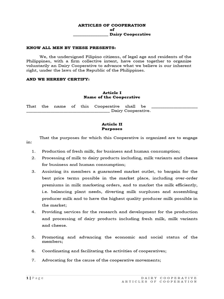 Dairy Articles of Cooperation | PDF | Cooperative | Wealth