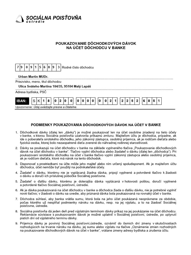 Ziadost o Poukazovanie Dochodkovych Davok Na Ucet Dochodcu V Banke | PDF