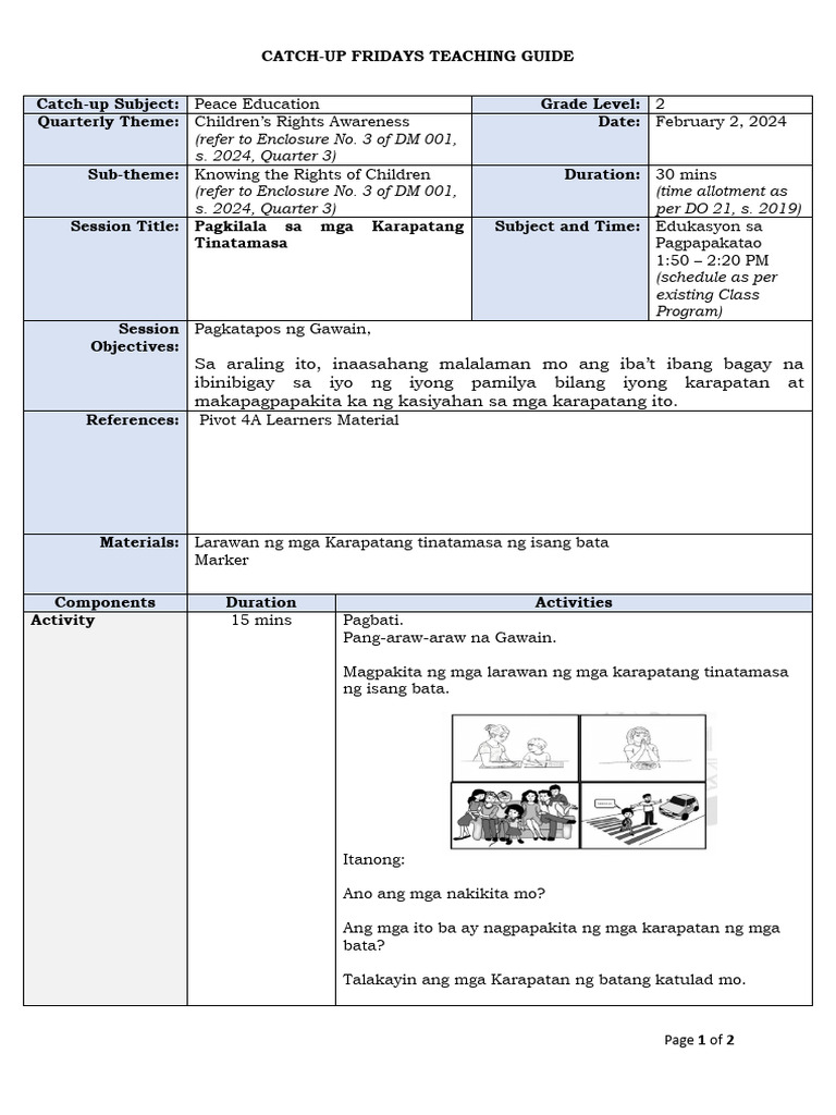 Teaching Guide Catchup ESP 2 Peace Ed - LP | PDF