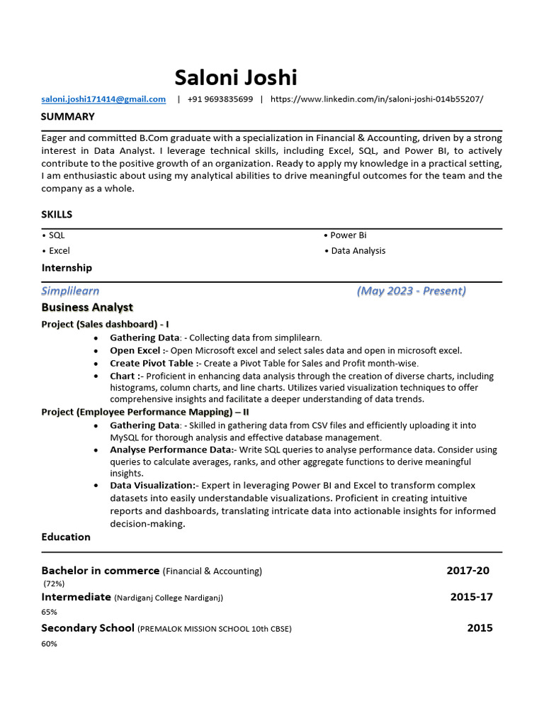 Saloni Joshi Data Analyst Resume | PDF | Business