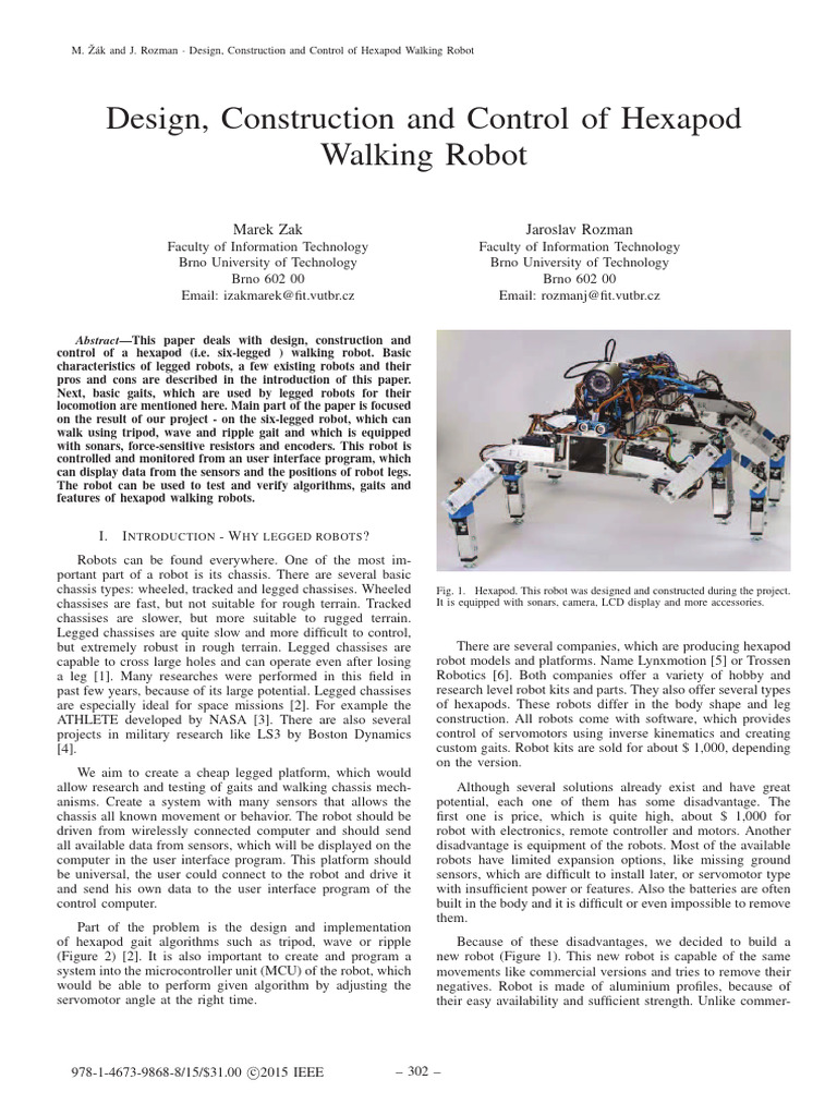 Marek Z Ak2015 (2) - Design, Construction and Control of Hexapod Walking Robot | PDF | Computers