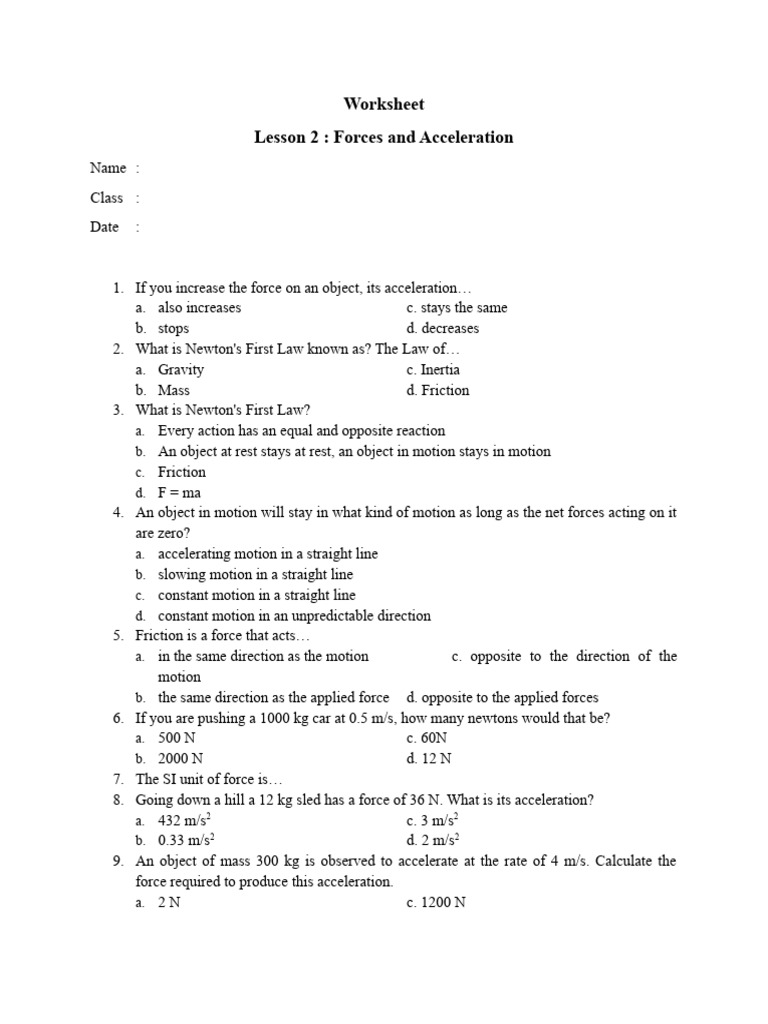 Worksheet - Forces and Acceleration | PDF