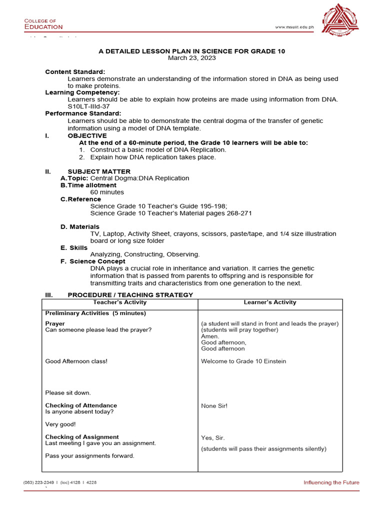DNA Replication Lesson Plan for Grade 10 | PDF | Dna | Dna Replication