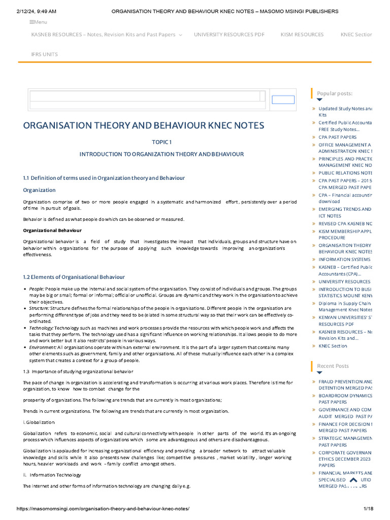 Organisation Theory and Behaviour Knec Notes - Masomo Msingi Publishers ...