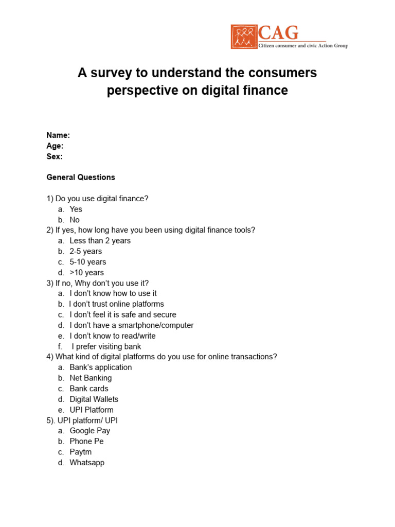 Questionnaire For Digital Finance Survey | Download Free PDF | E ...