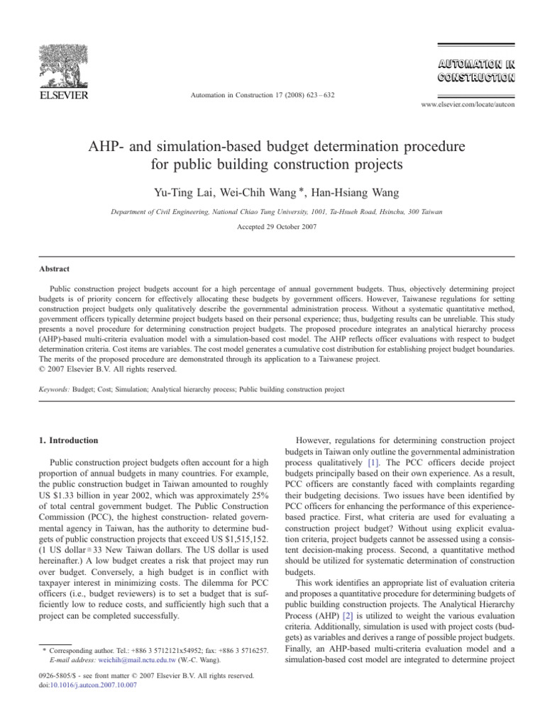 2008 - Ting Lai - AHP and Simulation Based Budget Determination ...
