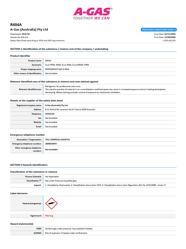 R404a SDS | Download Free PDF | Dangerous Goods | Toxicity