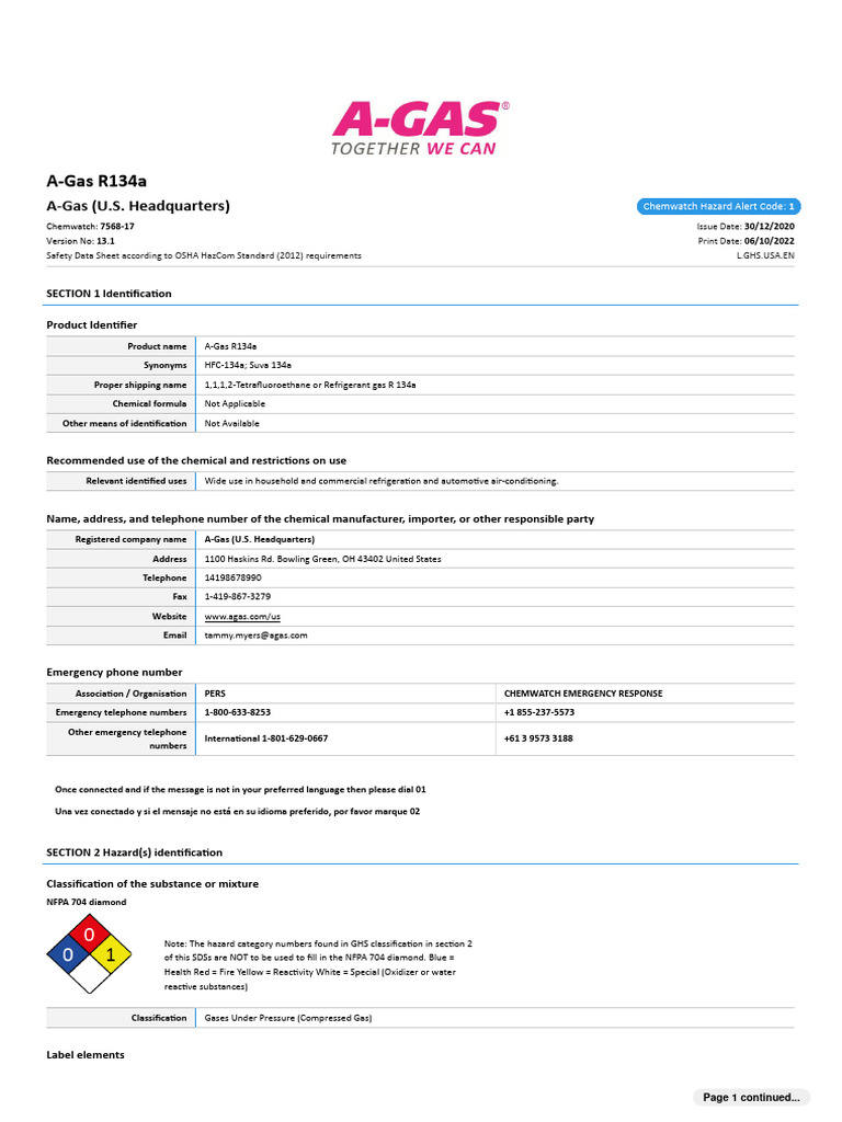 R134a SDS | PDF | Combustion | Carbon Dioxide