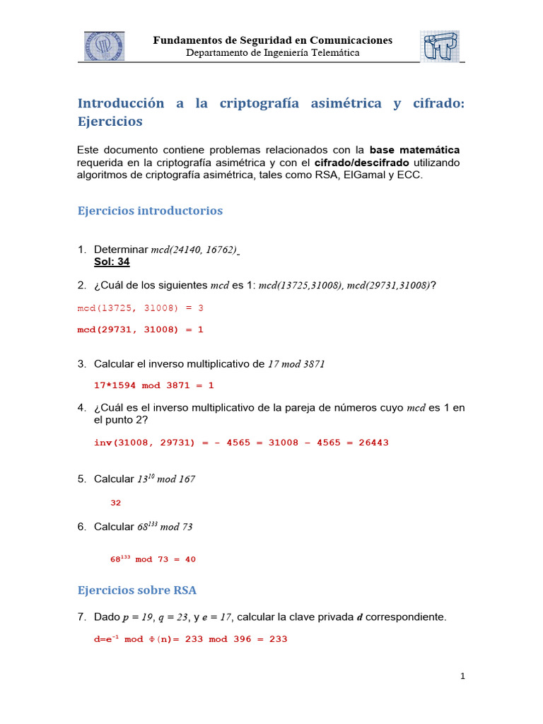 8 Ejercicios CriptoAsimetricaIntro Cifrado Soluciones Finales | PDF | Clave (criptografía ...