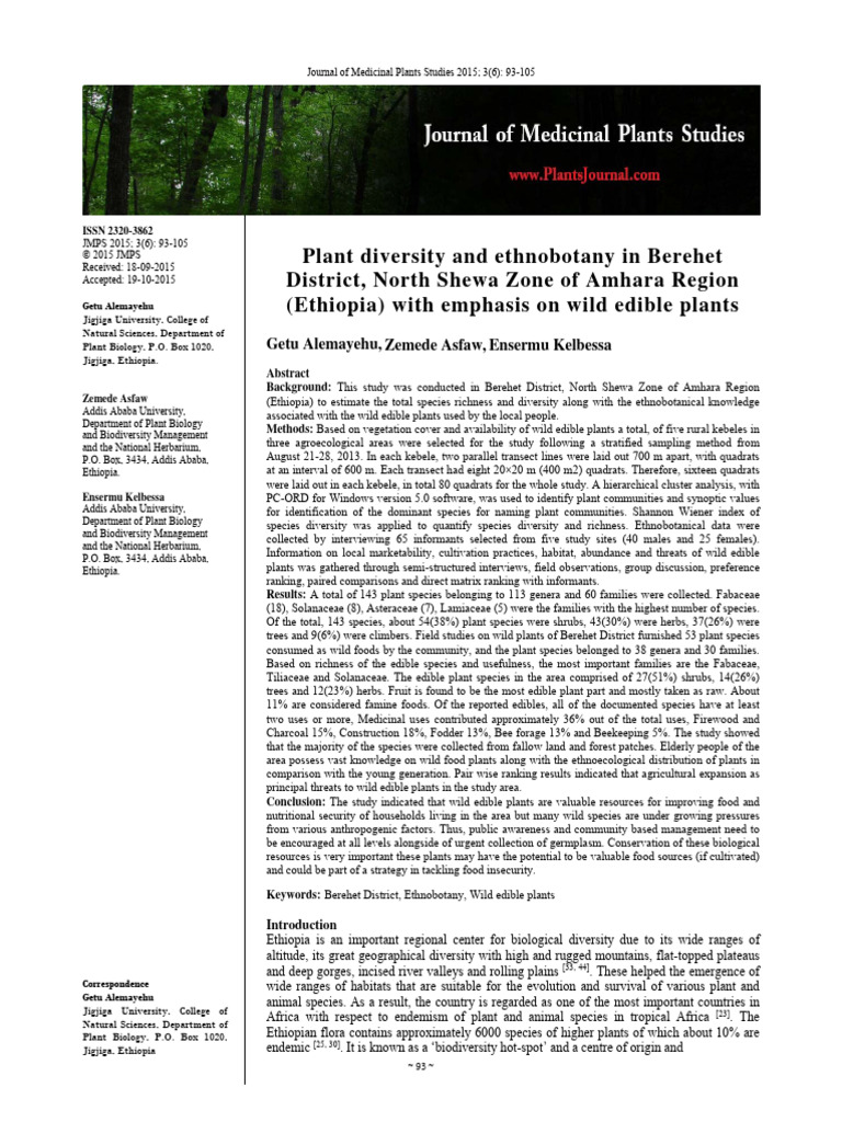 Plant Diversity and Ethnobotany in Berehet District, North Shewa Zone ...