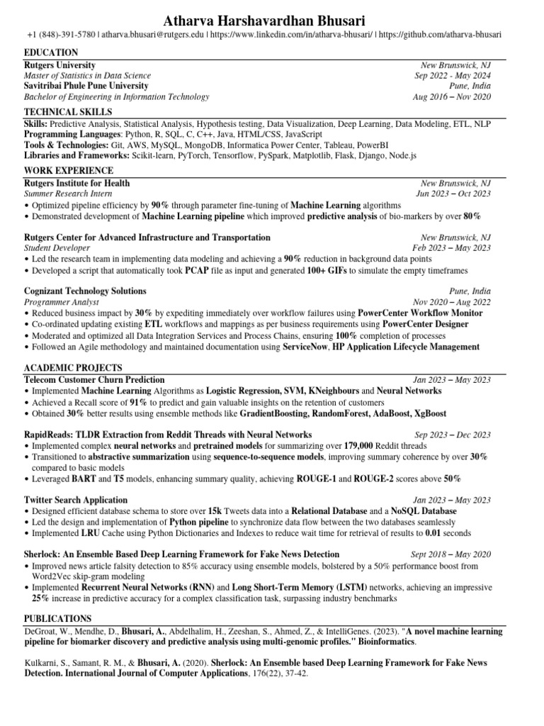 Atharva Bhusari - Resume - 12252023 | PDF | Machine Learning | Deep Learning