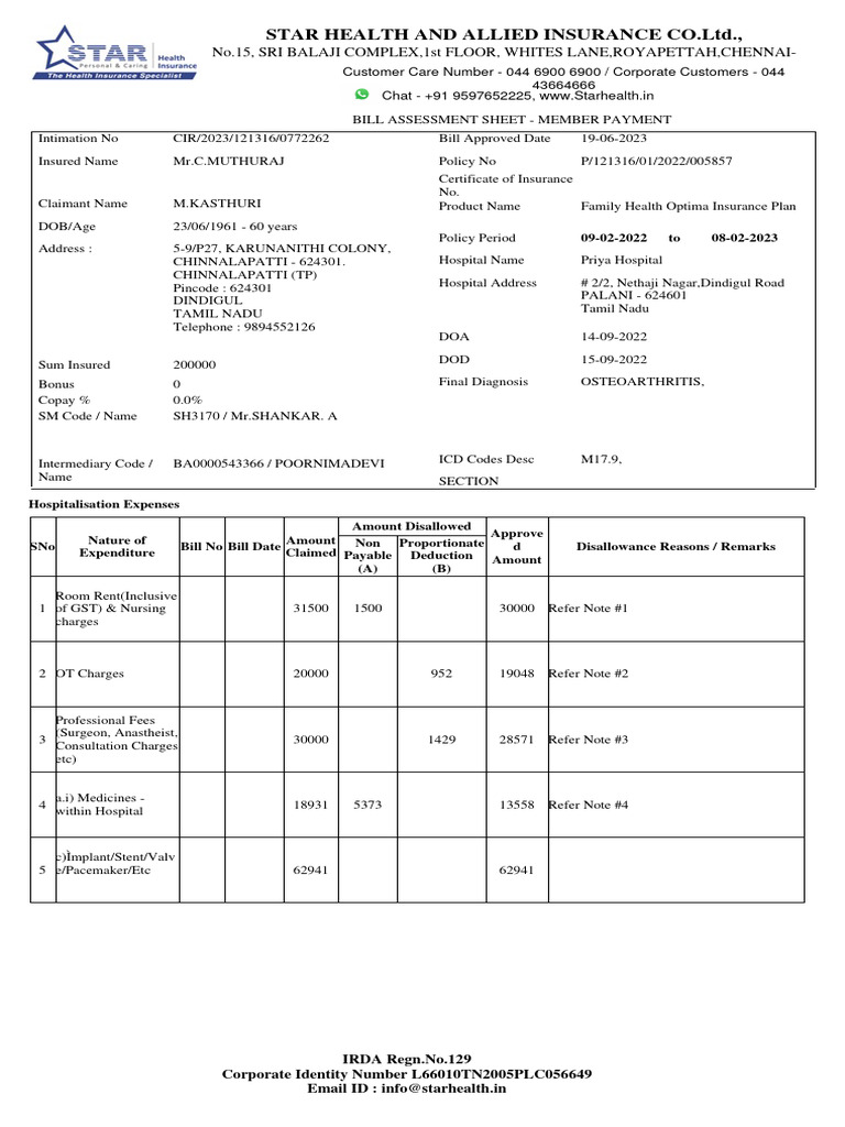 Star Health Member Payment Assessment | PDF | Hospital | Insurance