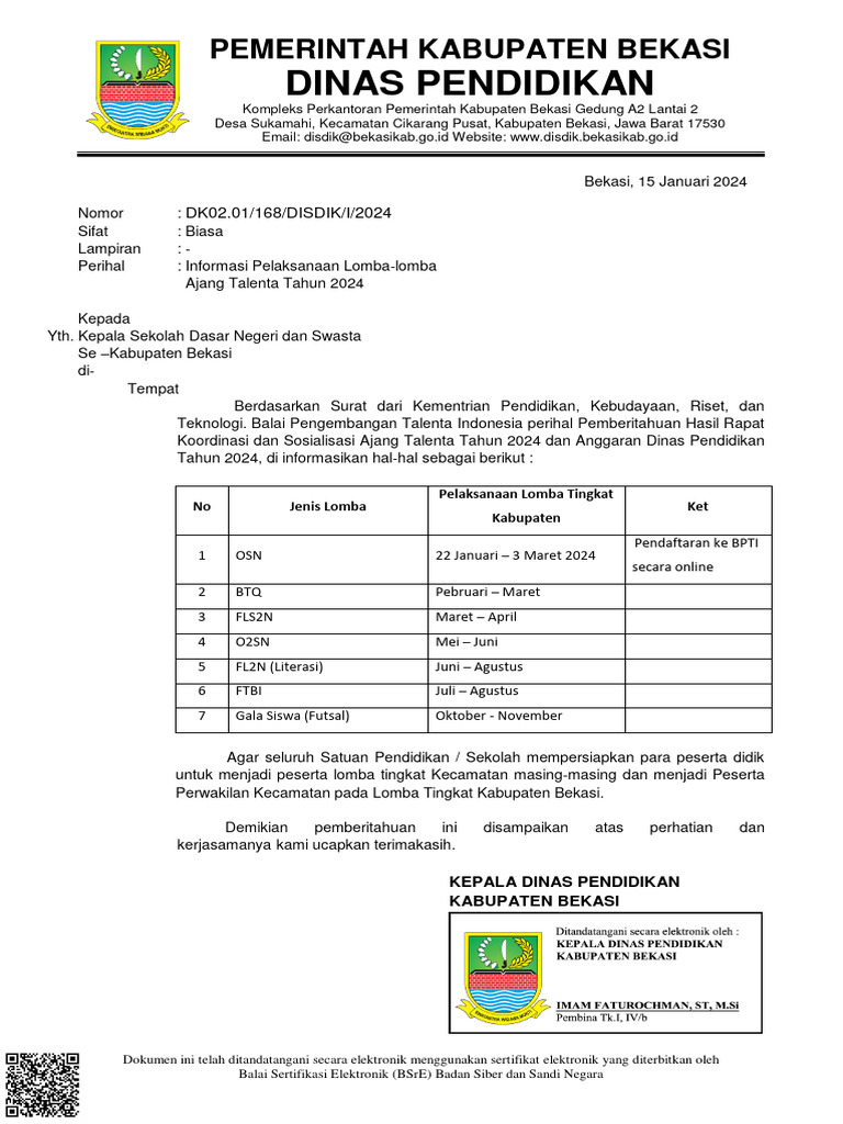 Informasi Pelaksanaan Lomba Lomba Ajang Talenta Tahun 2024-1 | PDF