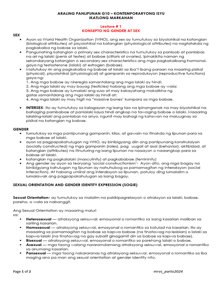 Q3 Lecture 1 Konsepto Ng Gender At Sex Pdf