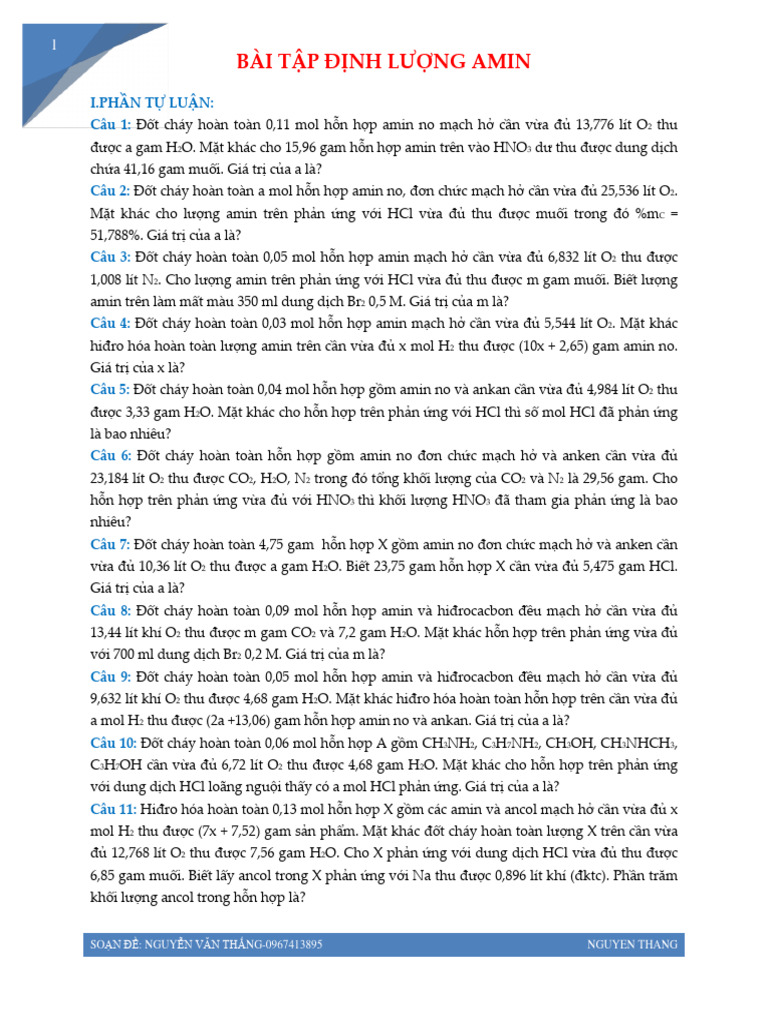 BÀI TẬP ĐỊNH LƯỢNG AMIN | PDF