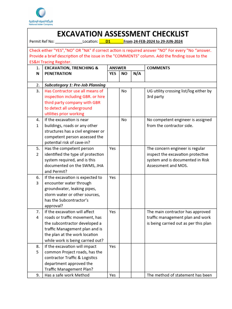 Revised EXCAVATION ASSESSMENT CHECKLIST - FEB - 2024 | PDF | Trench