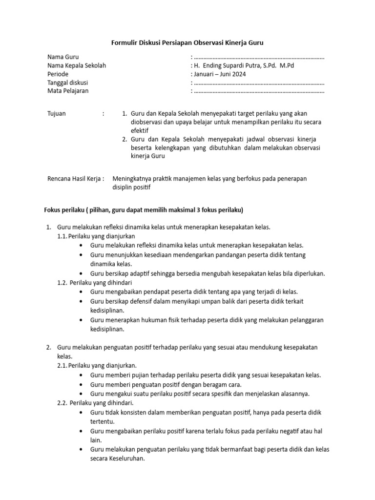Formulir Diskusi Persiapan Observasi Kinerja Guru-Disiplin Positif | PDF