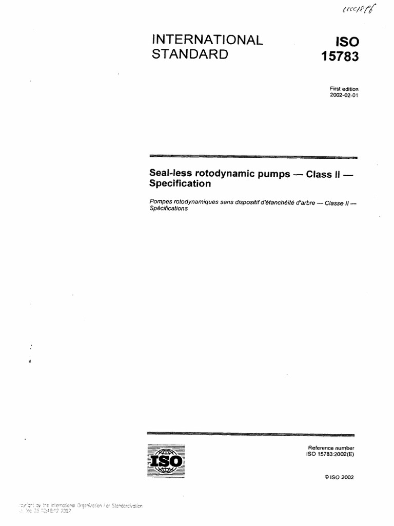 ISO 15783-2002 Sealess Rotodynamic Pumps - Class-II-specification | PDF