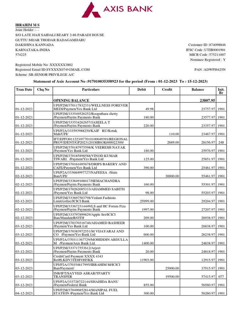 Statement of Axis Account No:917010035358923 For The Period (From: 01 ...