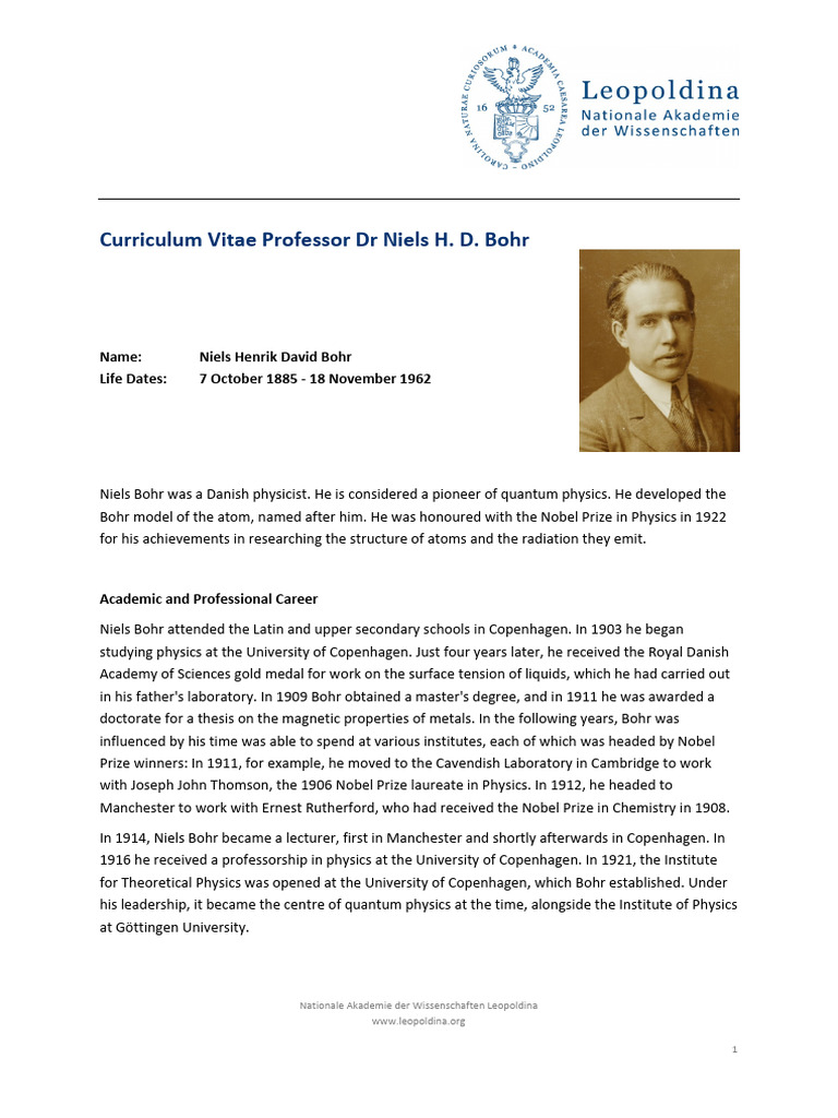 CV Bohr Niels H.D. EN | Download Free PDF | Niels Bohr | Physics