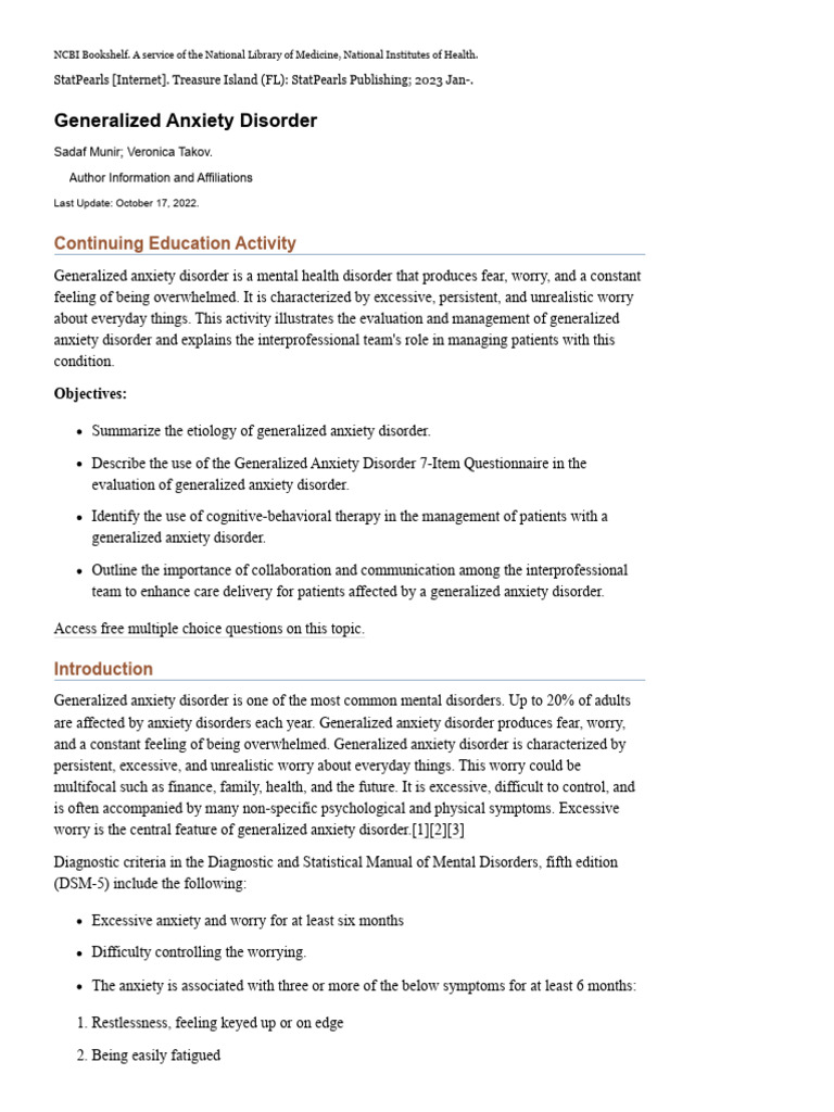 Generalized Anxiety Disorder Statpearls Ncbi Bookshelf Pdf