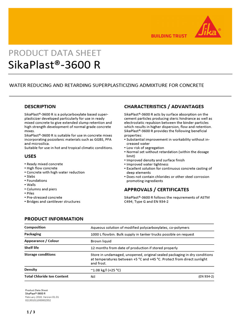 Sikaplast - 3600 R | PDF | Concrete | Materials