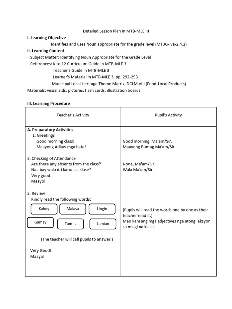 Detailed Lesson Plan in MTB MLE | PDF | Lesson Plan | Grammar
