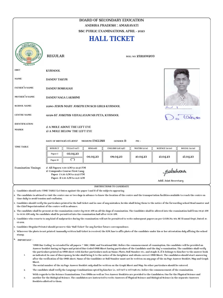 SSC Regular Hallticket | PDF | Languages Of India | Languages Of Asia