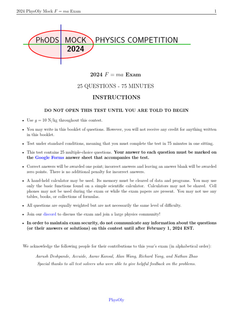 2024 PhODS Mock Fma | PDF | Force | Friction