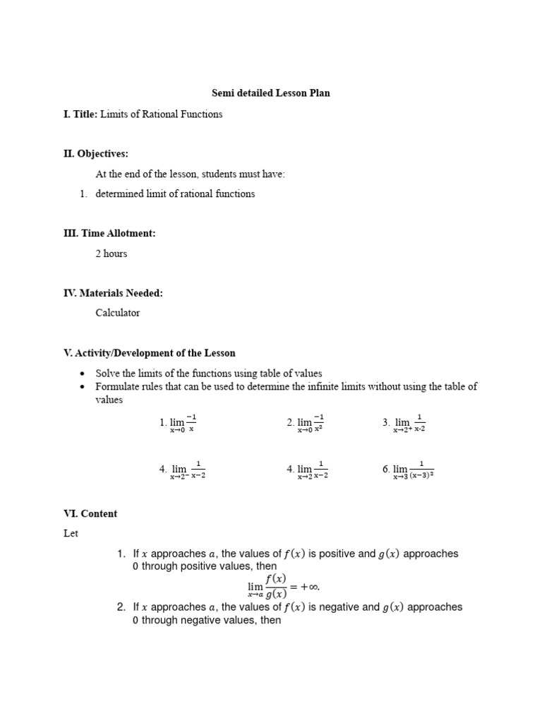 Semi Detailed Lesson Plan 1 | PDF | Mathematics | Mathematical Analysis