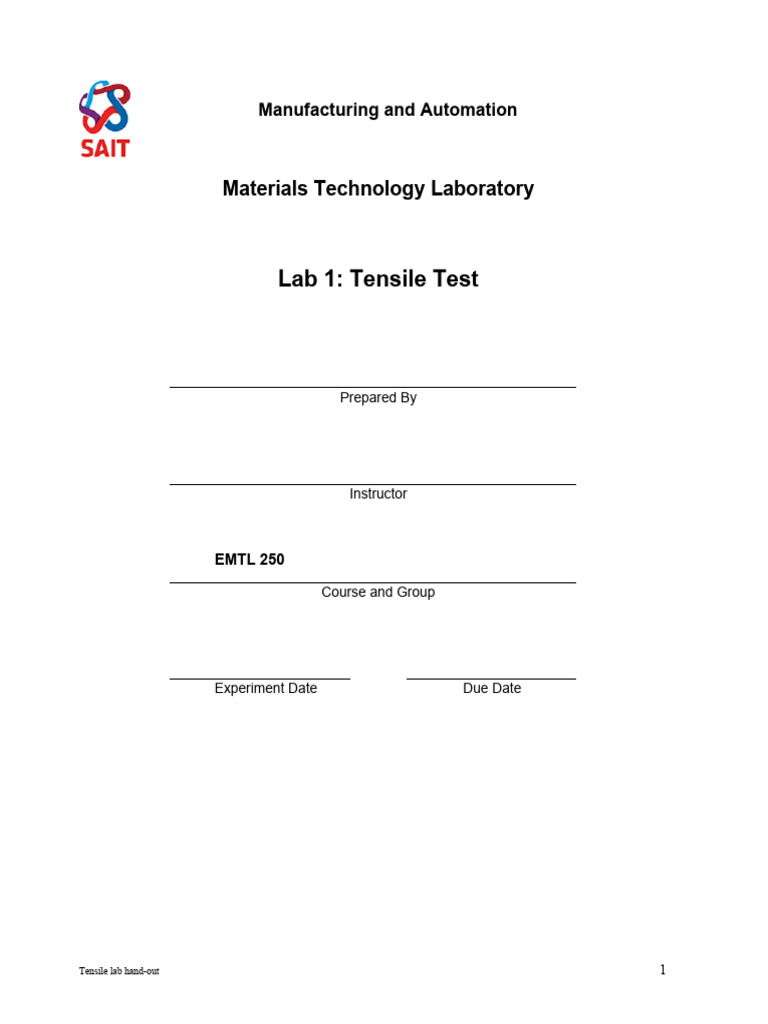 EMTL 250 Lab 1 - Tensile Lab Handout 2018 | PDF | Strength Of Materials ...
