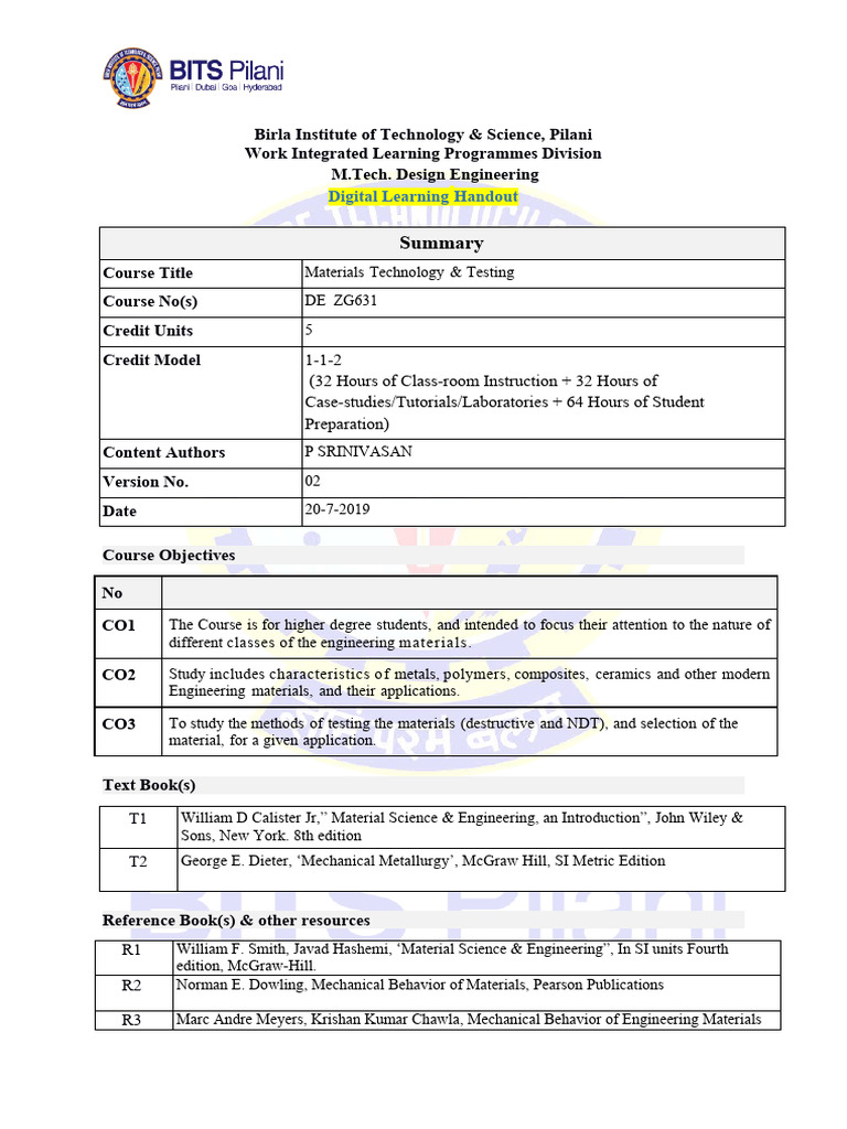 De ZG631 Course Handout | PDF | Fracture | Fatigue (Material)